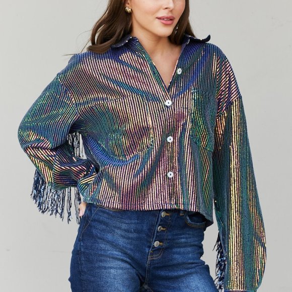 GeeGee | Tops | Geegee Full Size Multicolored Glitter Fringe Trim Shirt | Poshmark